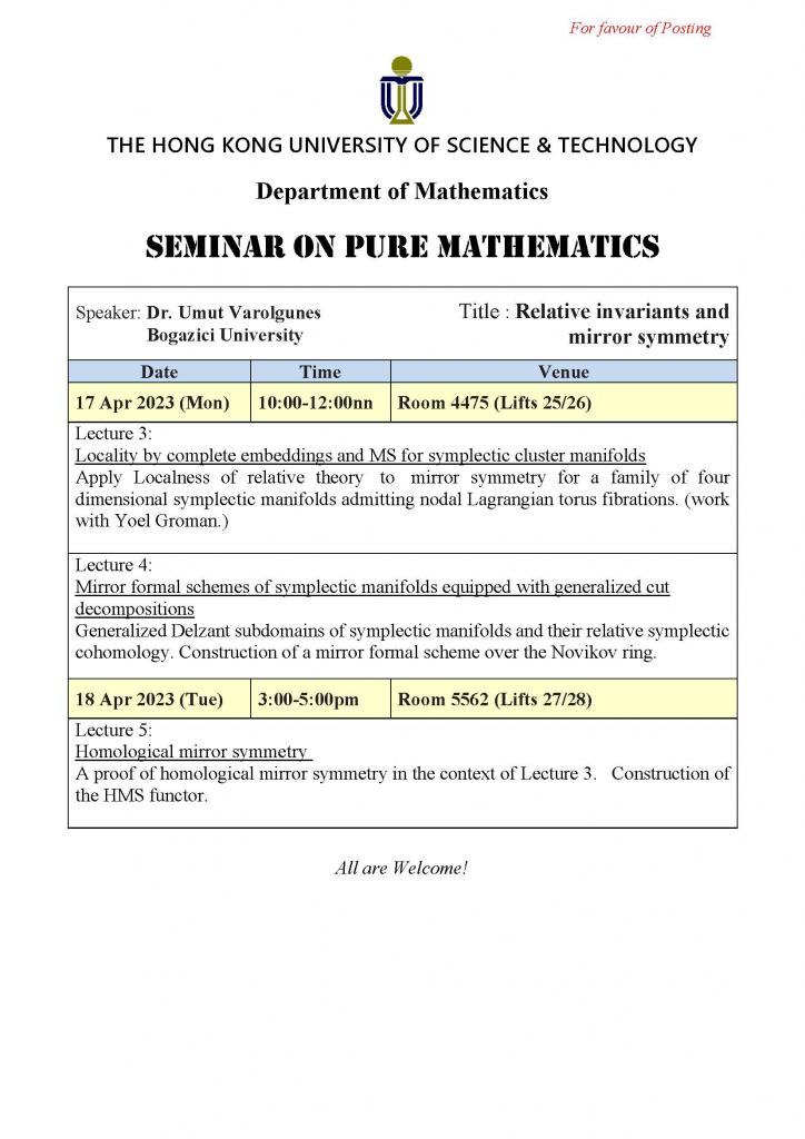 Department of Mathematics - Seminar on Pure Mathematics - Relative invariants and mirror ...